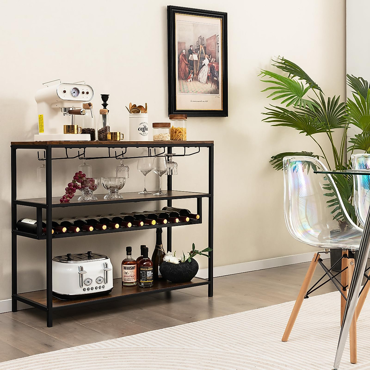 Giantex Industrial 4-Tier Wine Rack Table, 13-Bottle Wooden Wine Bar Cabinet with Wine Rack, 20 Glasses Holder, Wine Storage Rack with Metal Frame, Wine Rack Freestanding Floor, Rustic Brown