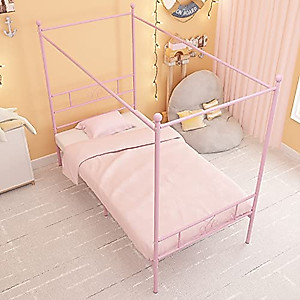 Weehom Metal Canopy Bed Frame Platform Bed 4 Posters Sturdy Steel Mattress Foundation with Headboard and Footboard Box Spring Replacement Easy DIY Assembly Twin,Pink