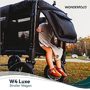 WONDERFOLD W4 Luxe Quad Stroller Wagon Featuring 4 High Face-to-Face Seats with Magnetic Buckle 5-Point Harnesses and Adjustable/Removable UV-Protection Canopy, Black
