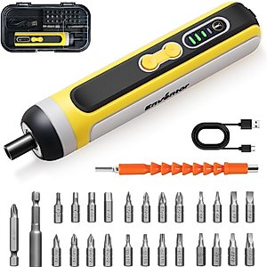 ENVENTOR Cordless Screwdriver Set, 4V 6N.m Electric Screwdriver 2000mAh with USB Type-C Rechargeable, 3 Torque Settings, LED Work Light, 25Pcs Magnetic Bits Set, Bit extension Holder, Flexible shaft