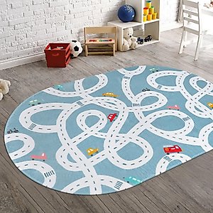 STARUIA Large Kids Playroom Rug, 4'x6' Washable Road Rug for Nursery, Non-Slip Fun Area Rug for Kids Room, Blue Car Rug Play Mat Soft Baby Carpet for Boys Girls Dorm Toy Room Tent