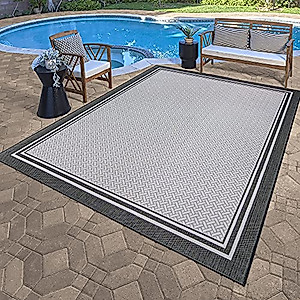 Gertmenian Indoor Outdoor Classic Flatweave Area Rug, Stain & UV Resistant Carpet, Deck, Patio, Poolside & Mudroom, 8x10 Ft Large, Simple Border, White Black, 23018