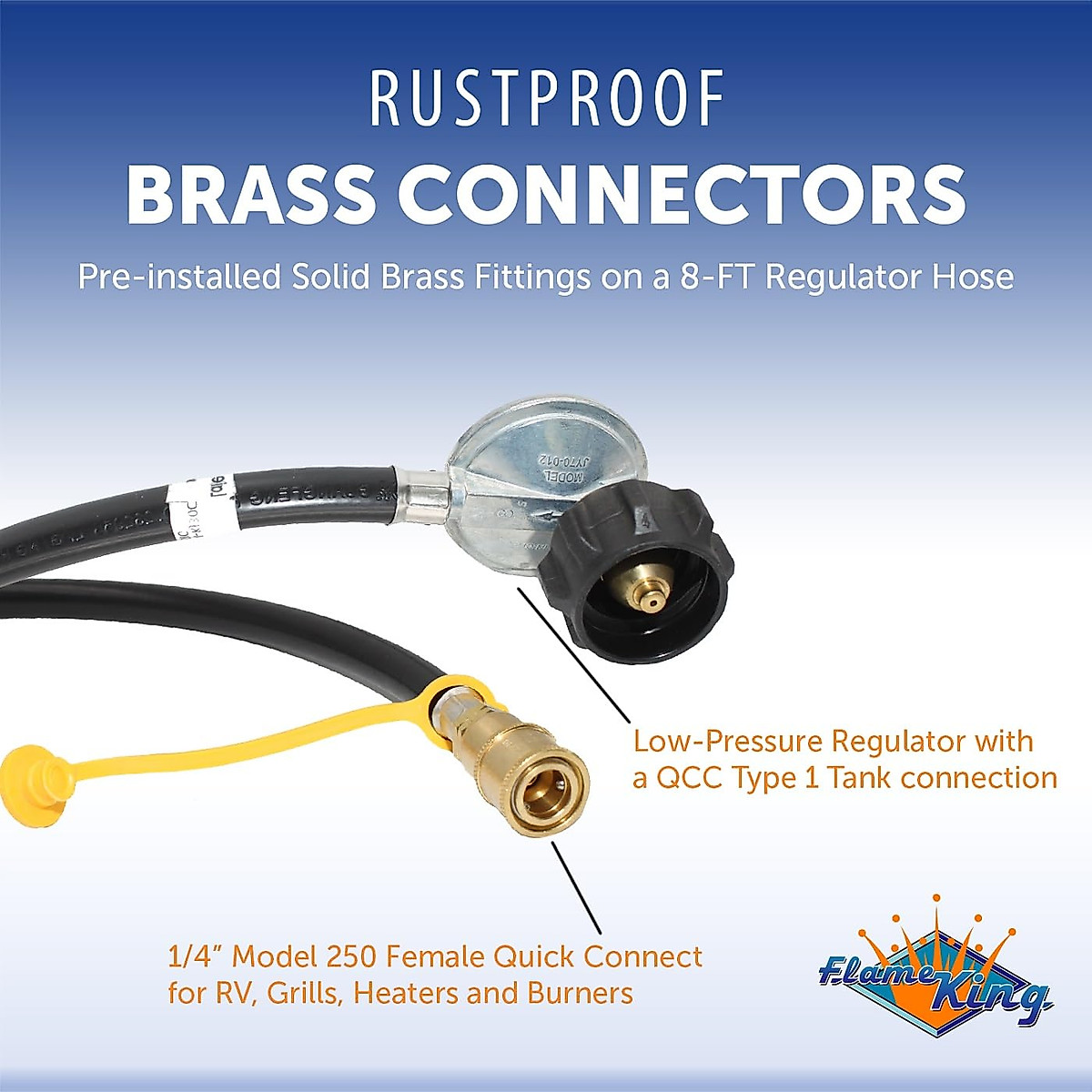 Flame King 90 Degree Low-Pressure Propane Gas Regulator Hose with Quick Connect for RVs, Grills, Heaters, Burners, 8 Feet - LPRH8