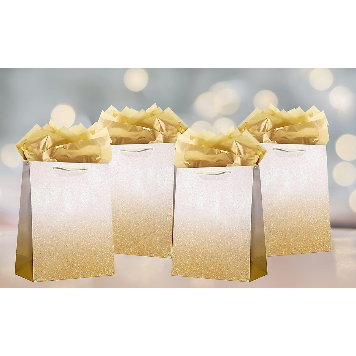 UNIQOOO 12Pcs Ombre Gold Gift Bags with Handle, Large 12.5x10'', Gradient Gold Glitter Paper Gift Wrap Bag, Recyclable Gift Packaging, For Wedding Birthday, Mother's Day, Baby Shower Party Favor Decor