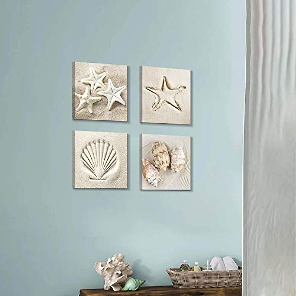 Coastal Serene Canvas Wall Art: Shells on Beach Sand Giclee Print Painting for Wall Decor for SPA Room (12''x12''x4pcs)