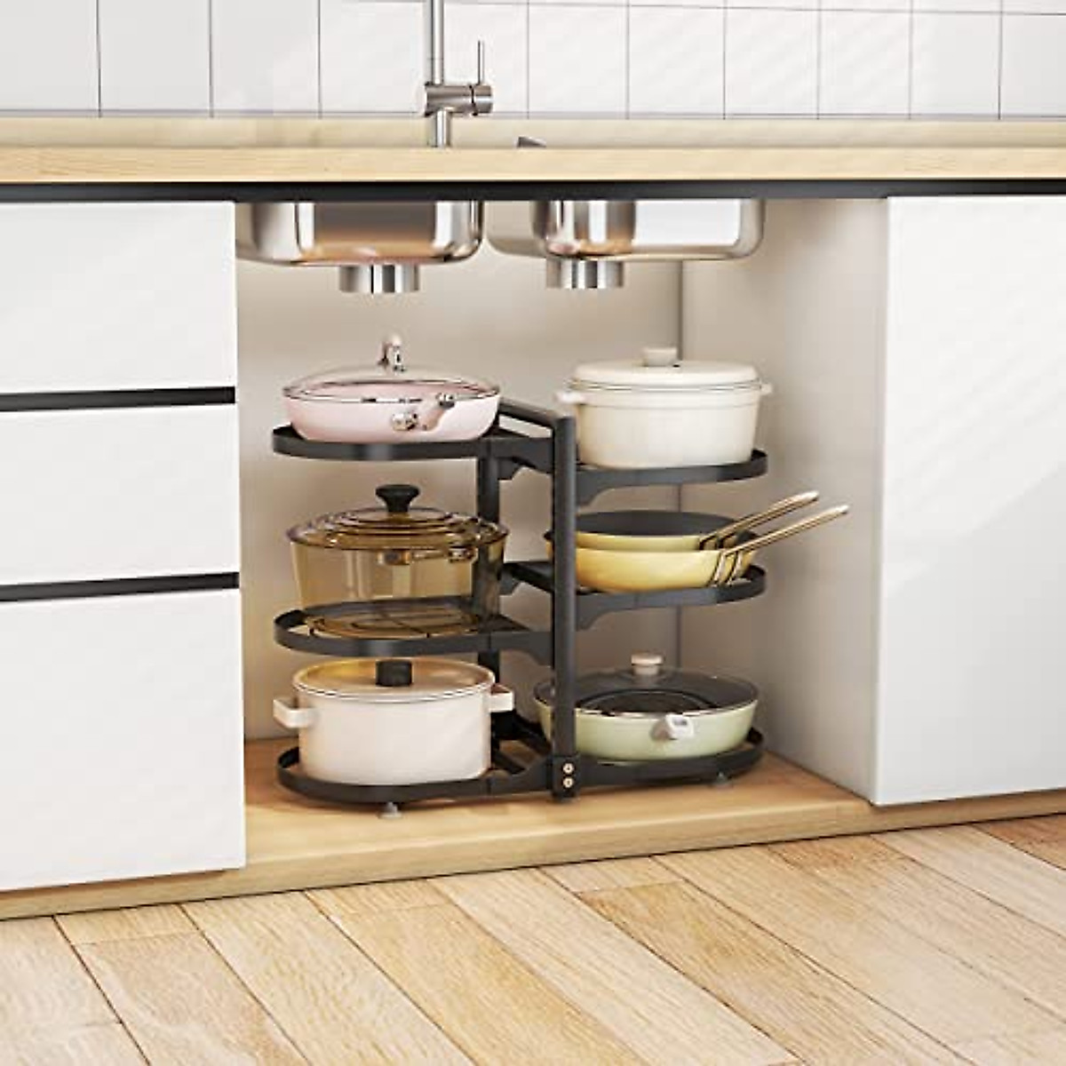 Wisdom Star 6 Tier Pots and Pans Lid Organizer Rack Holder, Adjustable Pot Organizer Rack for Under Cabinet, Pot Rack for Kitchen Organization and Storage, Black