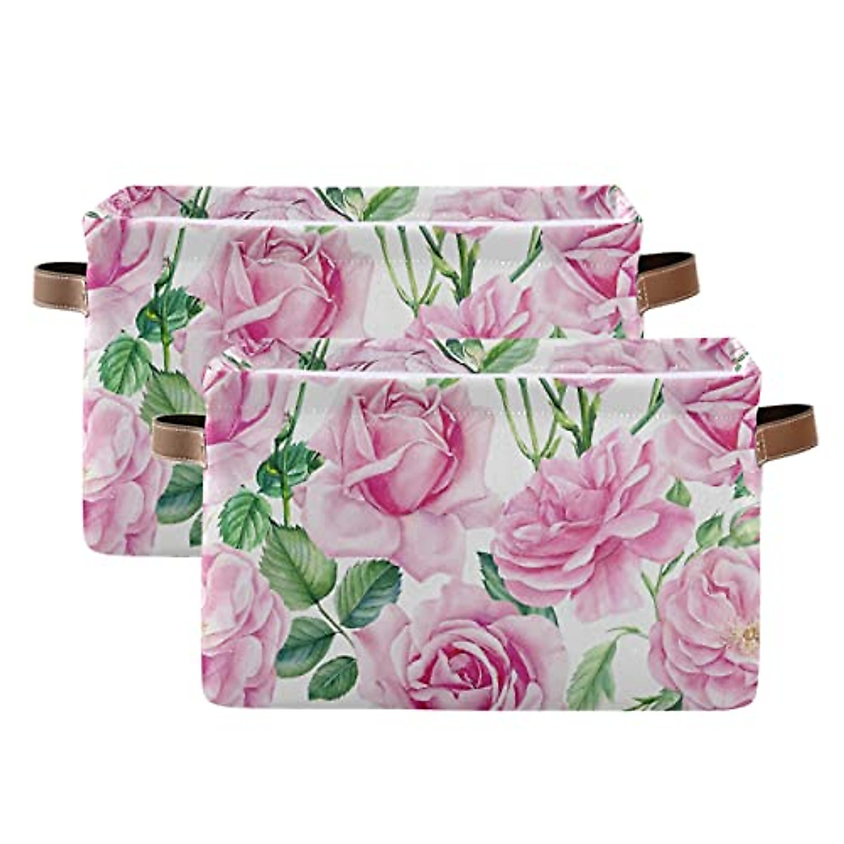 SUABO Floral Pink Roses Buds on White Toy Basket,Collapsible Storage Bin Basket with Handles¡ê?Laundry Baskets,Shelf Basket Nursery Storage for Bedroom Playroom,Set 2