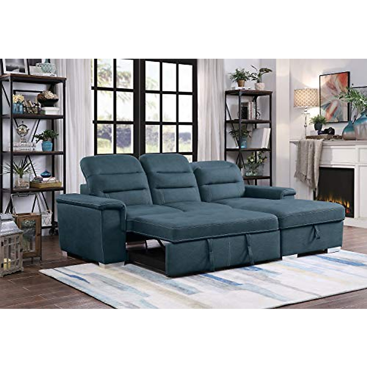 Homelegance Sleeper Sectional Sofa with Storage, Blue