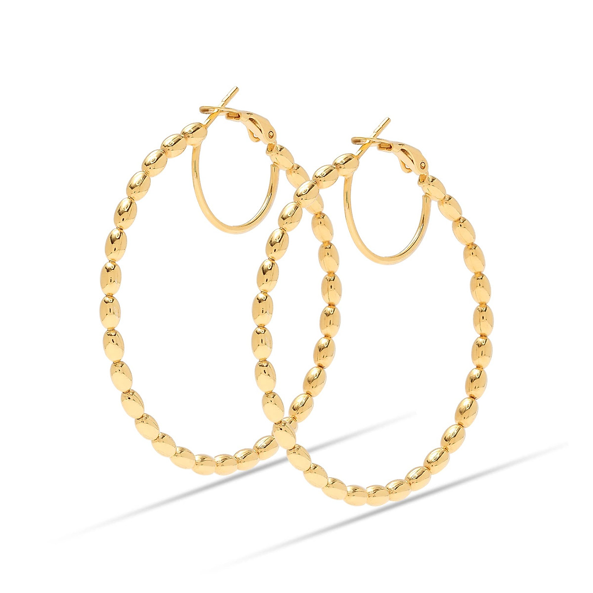 LeCalla 14K Gold-Plated 925 Sterling Silver Large Beaded Omega Hoop Earrings for Women Teen 55mm