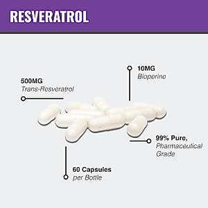 MAAC10 Trans Resveratrol 500mg Supplement (Micronized Pharmaceutical Grade 99% Pure Trans-Resveratrol Extract + BioPerine for Superior Absorption) (2X 250mg Capsules 60ct)