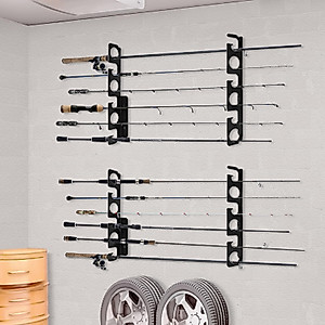 Iswabard Wall Mounted Fishing Rod Rack Horizontal Fishing Rod/Pole Holders for Garage, 4 Set, Wall or Ceiling Mounted Fishing Rod Rack Fishing Rod Storage, Metal