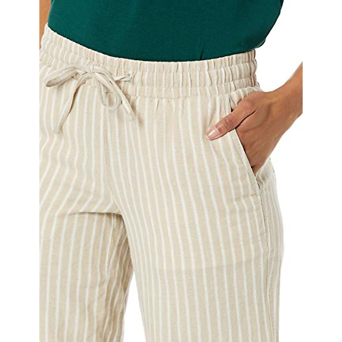 Amazon Essentials Women's Linen Blend Drawstring Wide Leg Pant (Available in Plus Size), Ecru Stripe, Small