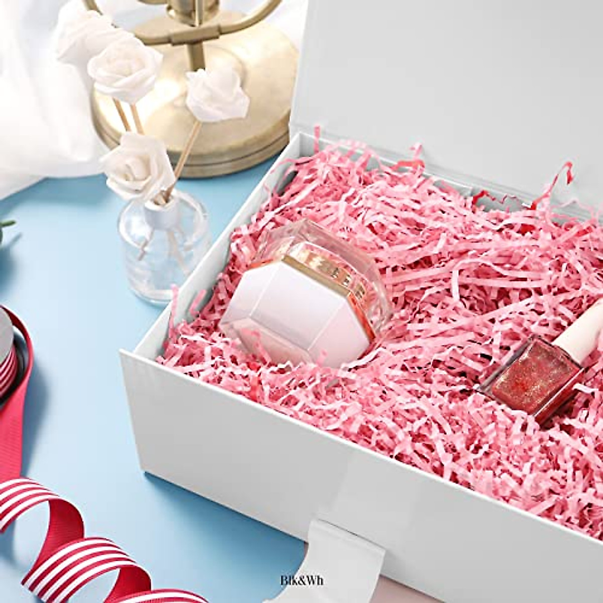 BLK&WH Gift Box with Ribbon 9x6.5x3.8 Inches, White Magnetic Gift Box for Presents, Bridesmaid Proposal Box, Gift Box with Lid (Glossy White)