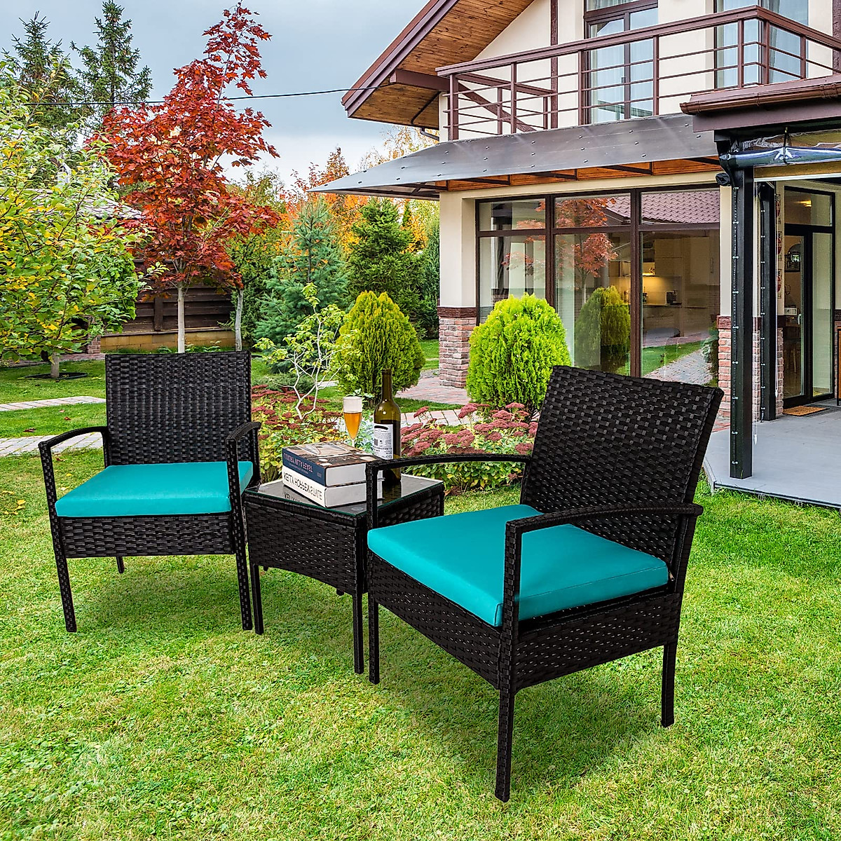 Cpintltr 3 Pieces Patio Furniture Sets Outdoor Wicker Bistro Set Rattan Chair Conversation Sets Modern Bistro Set PE Rattan Wicker Chairs with Table Garden Furniture for Backyard Lawn Balcony LakeBlue