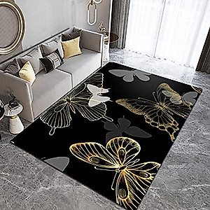 Light Luxury Black Gold Butterfly Area Rug, Simple Floral Decorative Rug, Fluffy Soft Machine Washable Breathable and Durable Suitable for Living Room Bedroom Dining Room Boy Girl Room 2 x 6ft