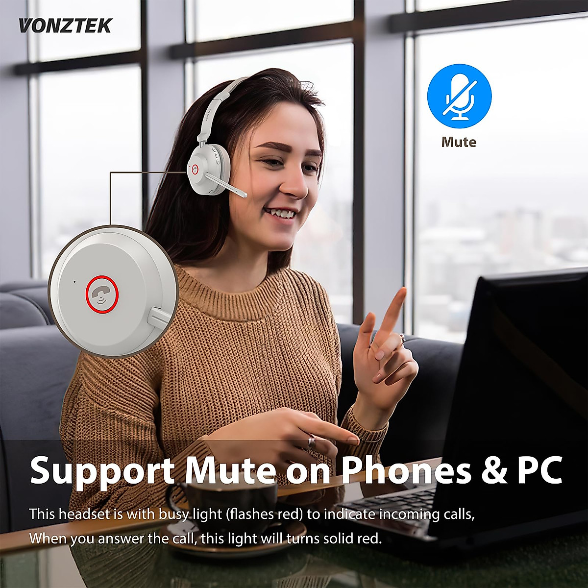 Wireless Headset, QCC 5.2 Bluetooth Headset with CVC 8.0 Dual Mic Noise Canceling & Charging Dock, 45 Hrs Wireless Headphones with USB Dongle for Computer Cell Phone Office Work Teams Meetings