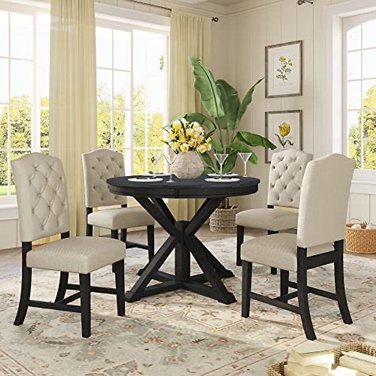 WOZNLA 5-Piece Retro Style Extendable Round Dining Table Set - Includes 4 Upholstered Chairs for Stylish and Practical Dining