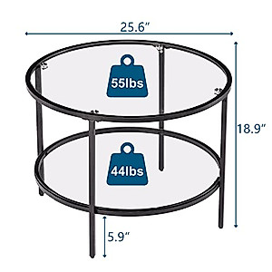 VINGLI Glass Coffee Table, 25.6" Round Coffee Table Black Coffee Tables for Living Room, 2-Tier Glass Top Coffee Table with Storage Clear Coffee Table, Simple & Modern Center Table for Small Space