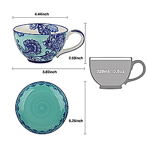 Taimei Teatime Ceramic Coffee Cups and Saucers,10.8oz Tea Mugs with Plates of 2, Green Handpainted Floral Large Tea Mugs for Tea, Cappuccino, Latte or Americano