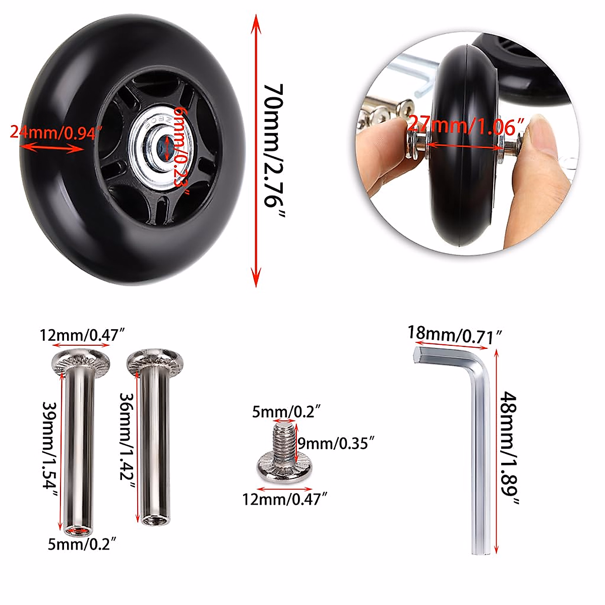 OwnMy 70mm x 24mm Luggage Suitcase Replacement Wheels, Rubber Swivel Caster Wheels Bearings Repair Kits, A Set of 2