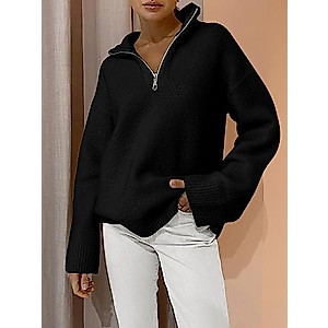 LILLUSORY Women's Black Oversized Quarter Half Zip Up Pullover Sweaters 2023 Fall Cashmere Fuzzy Knit Chunky Warm Light Lightweight Trendy Clothes Outfits