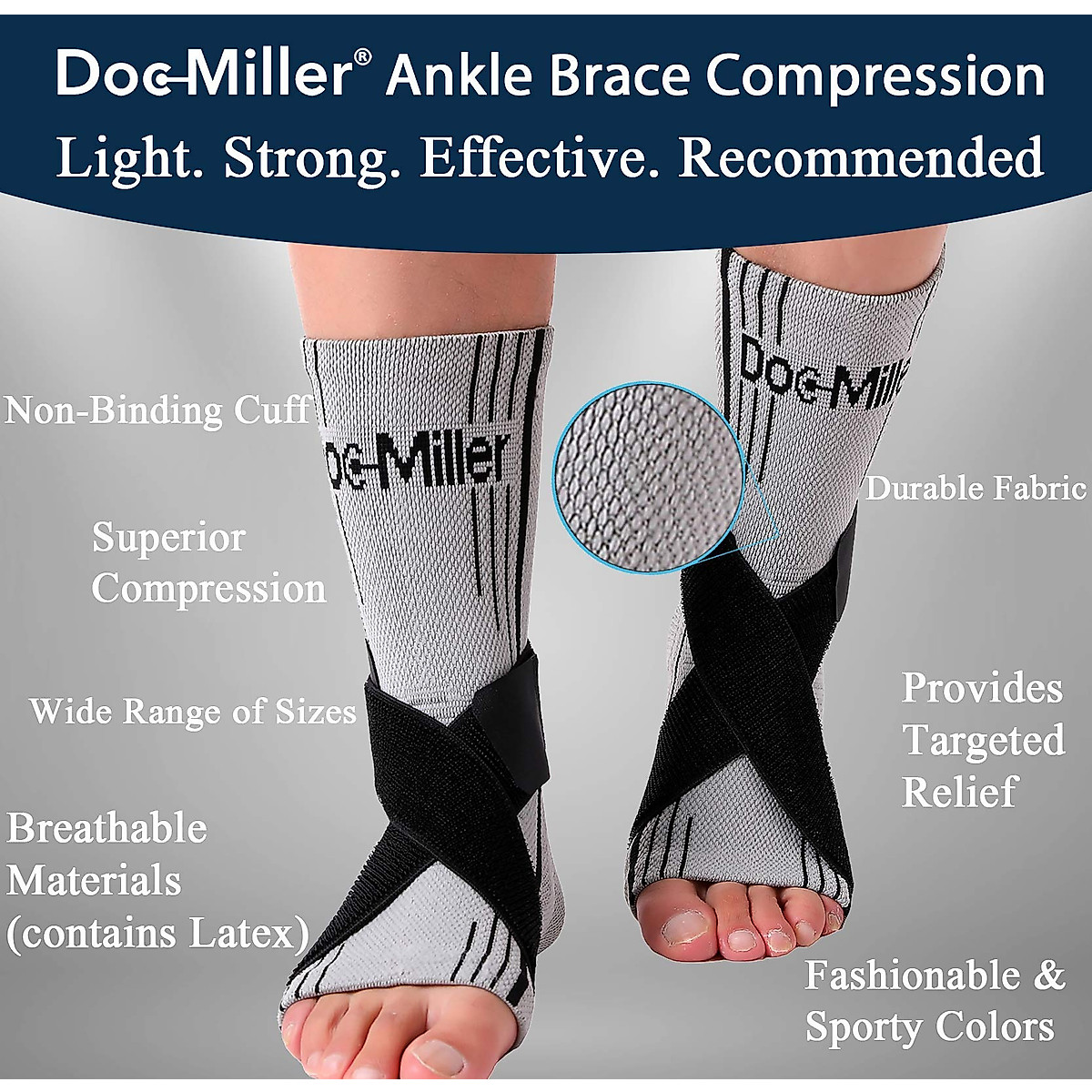 Doc Miller Ankle Brace for Women and Men, 1 Pair Ankle Compression Sleeve with Adjustable Elastic Support Straps for Plantar Fasciitis Relief Sprained Foot and Achilles Tendonitis