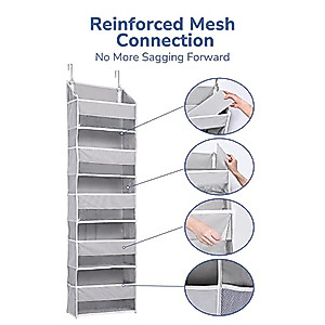 ULG 1 Pack Over Door Organizer with 5 Large Pockets 10 Mesh Side Pockets, 44 lbs Weight Capacity Hanging Storage Organizer with Clear Window for Kids Toys, Shoes, Diapers, Grey, 5 Layer
