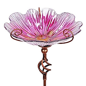 MUMTOP 31 Inch Height Glass Birdbath Birdfeeder with Metal Stake Garden Yard Outdoor Pink