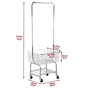 Topeakmart Wire Commercial Rolling Laundry Cart Bulter Garment Rack,Laundry Butler Storage Rack,w/Hanging Wire Rack Wash Basket/Bag Mesh Collapsible Racks on Wheels