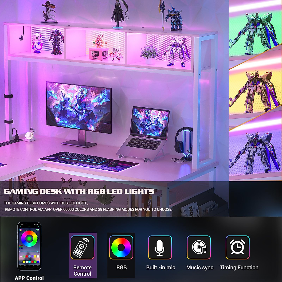 Unikito L Shaped Computer Desk with LED Strip and Power Outlets, Reversible L-Shaped Corner Desk with Storage Shelves and Bag, Industrial Home Office Desk Gaming Table with USB Port, Pink