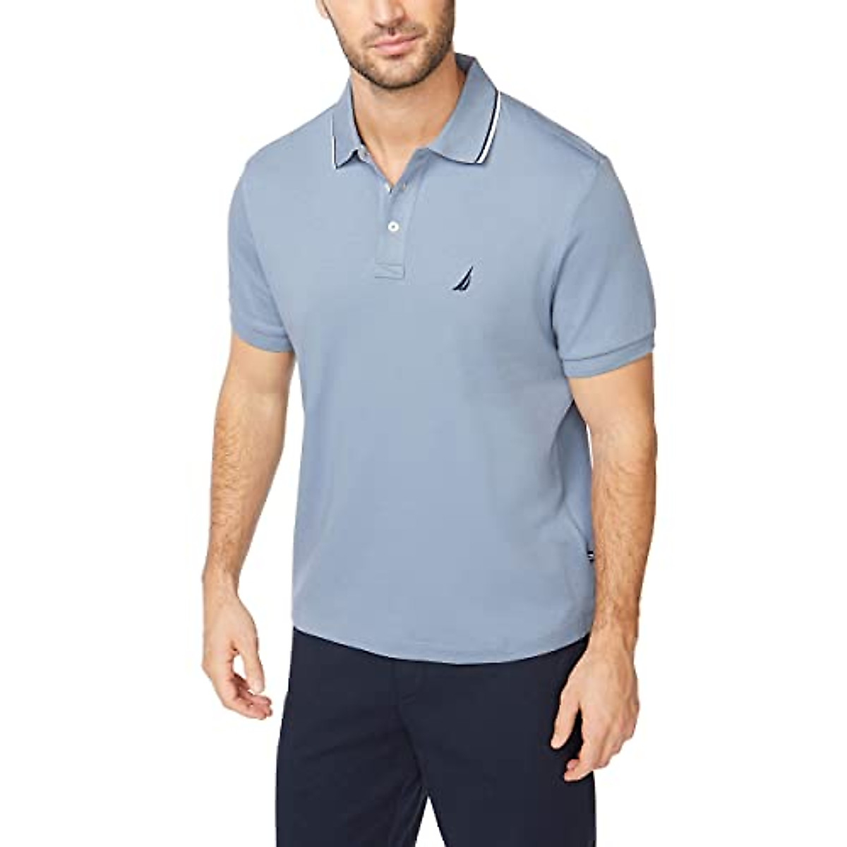 Nautica Men's Classic Fit Short Sleeve Dual Tipped Collar Polo Shirt, Lake City Blue, Large