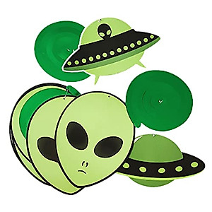 Swirls & Cutouts Green Alien Theme Hanging Swirl Decorations UFO Theme Ceiling Whirl Streamer Hanging Cutouts Alien Invasion for Kids Girls Boys Birthday Baby Shower First Birthday Party Supplies