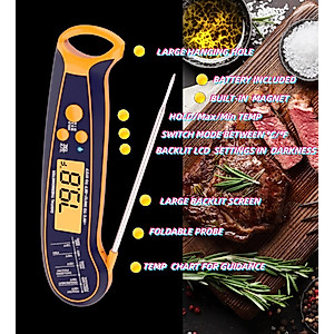 KUKVINA Waterproof Digital Instant Read Meat Thermometer for Cooking, Grilling, BBQ, Kitchen & Candy, Ultra-Fast Food Thermometer with Folding Probe，Backlight & Calibration Function