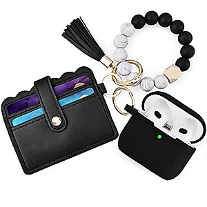 Case for Airpods 3rd Generation (2021), Filoto Cute Apple Airpod 3 Case Cover for Women Girls, Silicone Case with Wristlet Bracelet Keychain Credit Card Holder Purse Accessories (Black)
