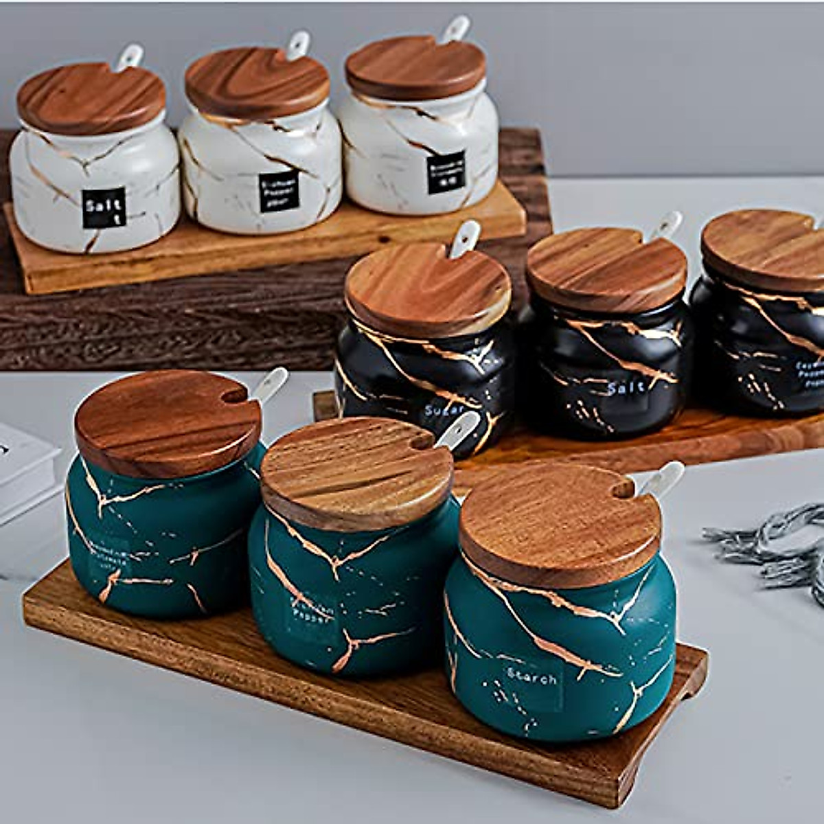 JFFLYIT 3 pcs round porcelain condiment jars set sugar bowl ceramic spice jars marble ceramic seasoning coffee and sugar canister set with bamboo wood lid wood tray and ceramic spoon（Green）