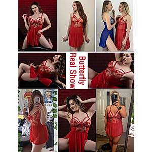 Avidlove Red Lingerie For Women Lace Nightgown Side Slit Babydoll Boudoir Outfits Sleepwear Red L