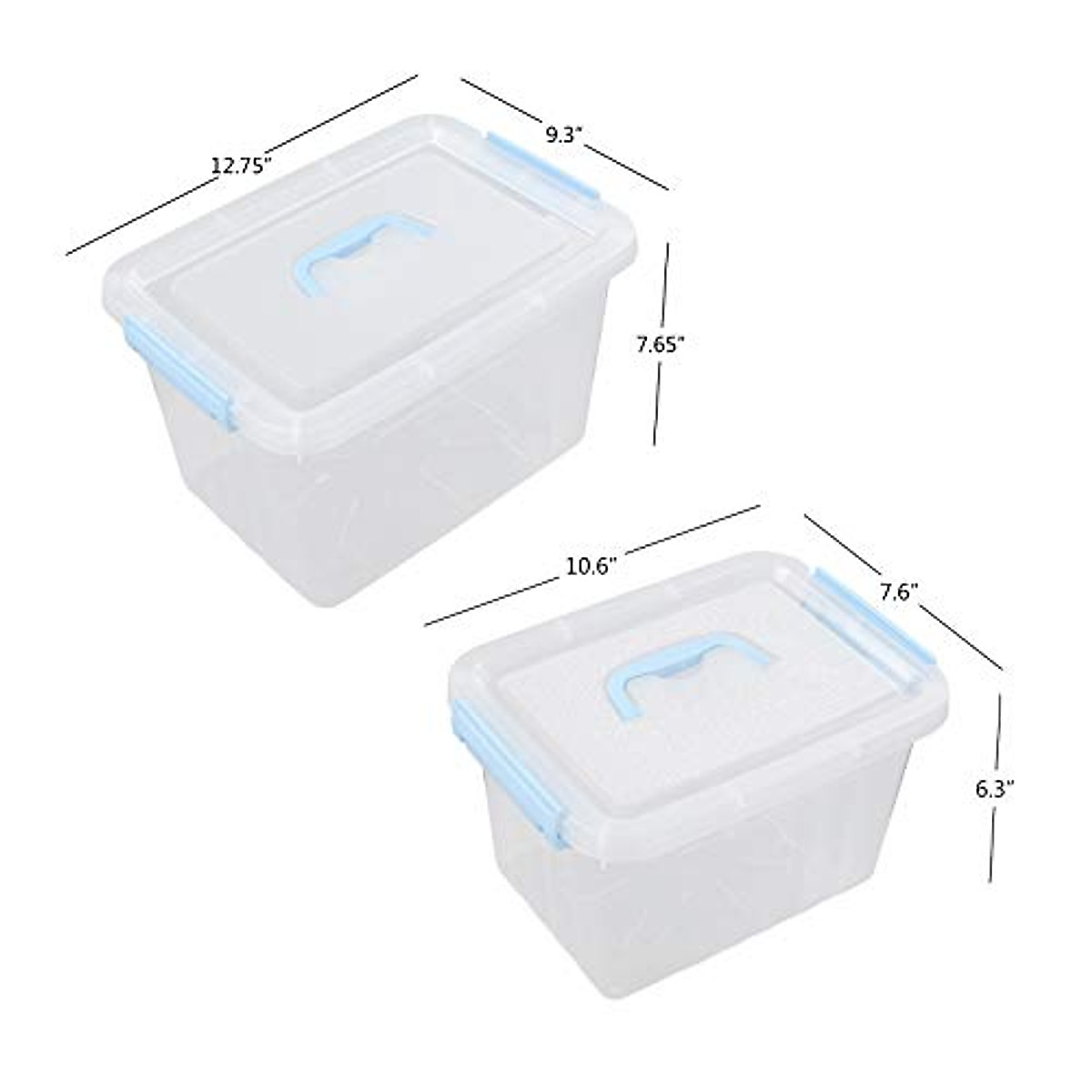 Hespama 12 Quart&6 Quart Storage Bin, Plastic Latching Box/Container with Clear Lid, Blue Handle and Latches
