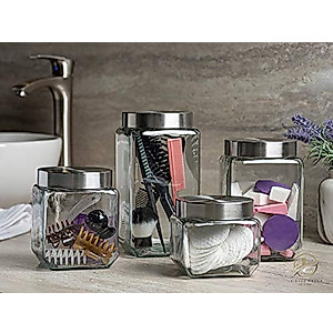 4pc Square Glass Cookie Jars with Airtight Lids + Marker & Labels, Canister Sets for Kitchen Counter or Bathroom - Food Storage Containers with Lids for Pantry - Flour, Sugar, Coffee, Cookies, etc.