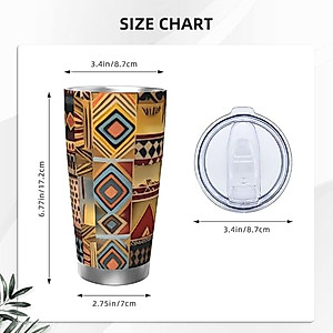 NHJKLWQSZ African Textile Patchwork 20oz Stainless Steel Tumbler With Lid And Straw, Double Wall Vacuum Insulated Coffee Mug Travel Cups Leak-Proof Lid For Hot And Cold Drinks, Metal Straws And Brush