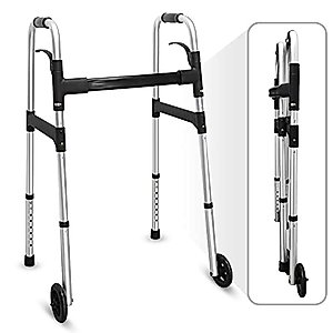 Nurhome Compact Folding Walker with Trigger Release and 5" Wheels Walker for Senior Lightweight Adjustable Height Supports up to 350 lbs