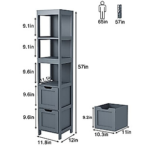 HOMEFORT Bathroom Storage Cabinet, Slim Tall Cabinet, Narrow Floor Cabinet Organizer, Wooden Linen Tower with 2 Drawers and 3 Shelves, Freestanding Storage Cupboard (Grey)