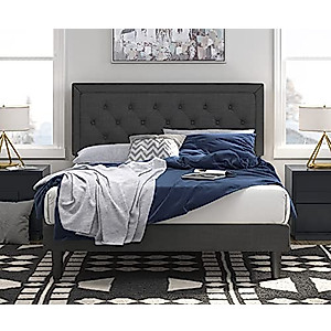 SHA CERLIN Queen Platform Bed Frame with Upholstered Headboard and Wood Slats, Fabric Rhombic Button Tufted Adjustable Headboard, No Box Spring Needed