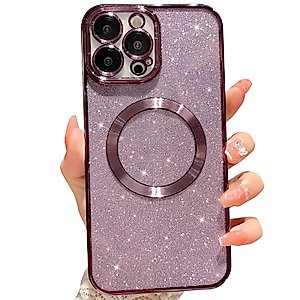 MGQILING Compatible with iPhone 13 Pro Max Magnetic Glitter Case, Luxury Plating Cute Bling Clear Phone Case, Compatible with MagSafe for Women Girls with Camera Protector Back Cover - Purple