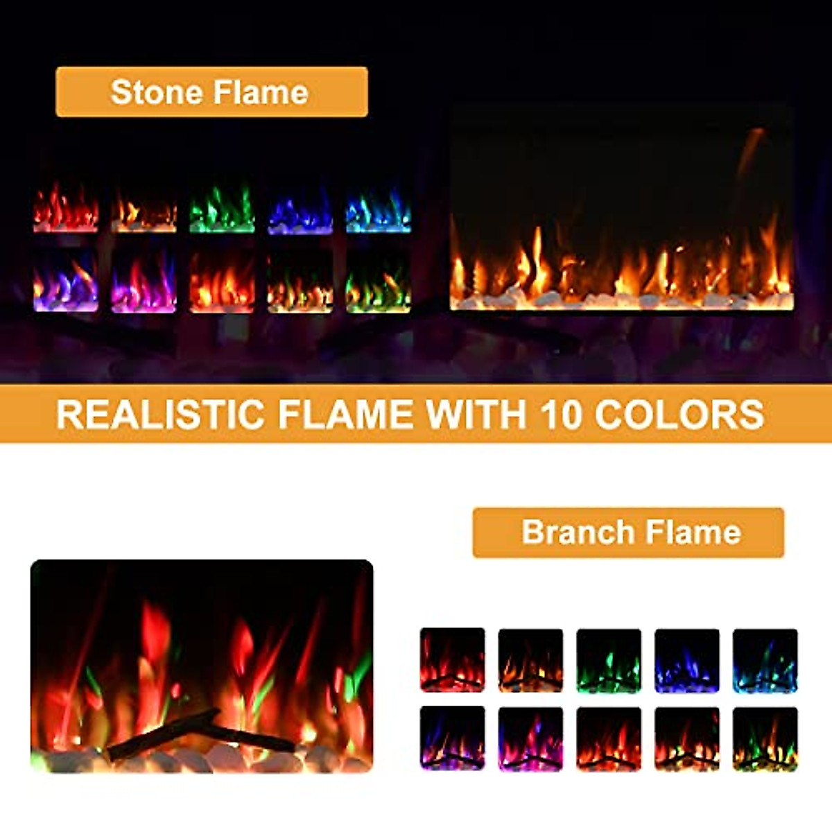 50" Electric Fireplace, Cool to The Touch Fireplace Heater, Recessed and Wall Mounted Fireplaces with Timer Remote Control Adjustable Flame Color, Black NO Bracket