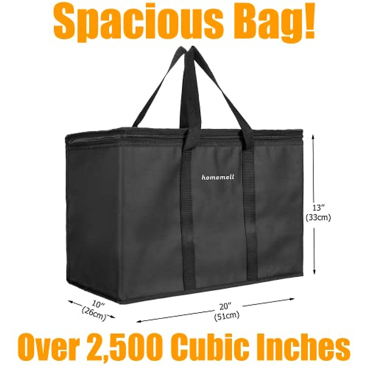 Homemell Insulated Reusable Grocery Shopping Bag with Zippered Top - Hot Delivery Bags Carrier - Keep Frozen Food Cold and Hot Food Warm - Hot Pizza Carrier- Collapsible and Foldable Large Travel Bag - Black Thermal Insulated Cooler Tote Bags