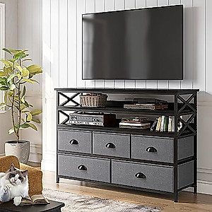 EnHomee Dresser TV Stand for Bedroom Entertainment Center with Fabric Drawers up to 55''TV Media Console Table with Wood Open Shelves Storage Drawer Dresser for Bedroom, Living Room, Entryway, Grey