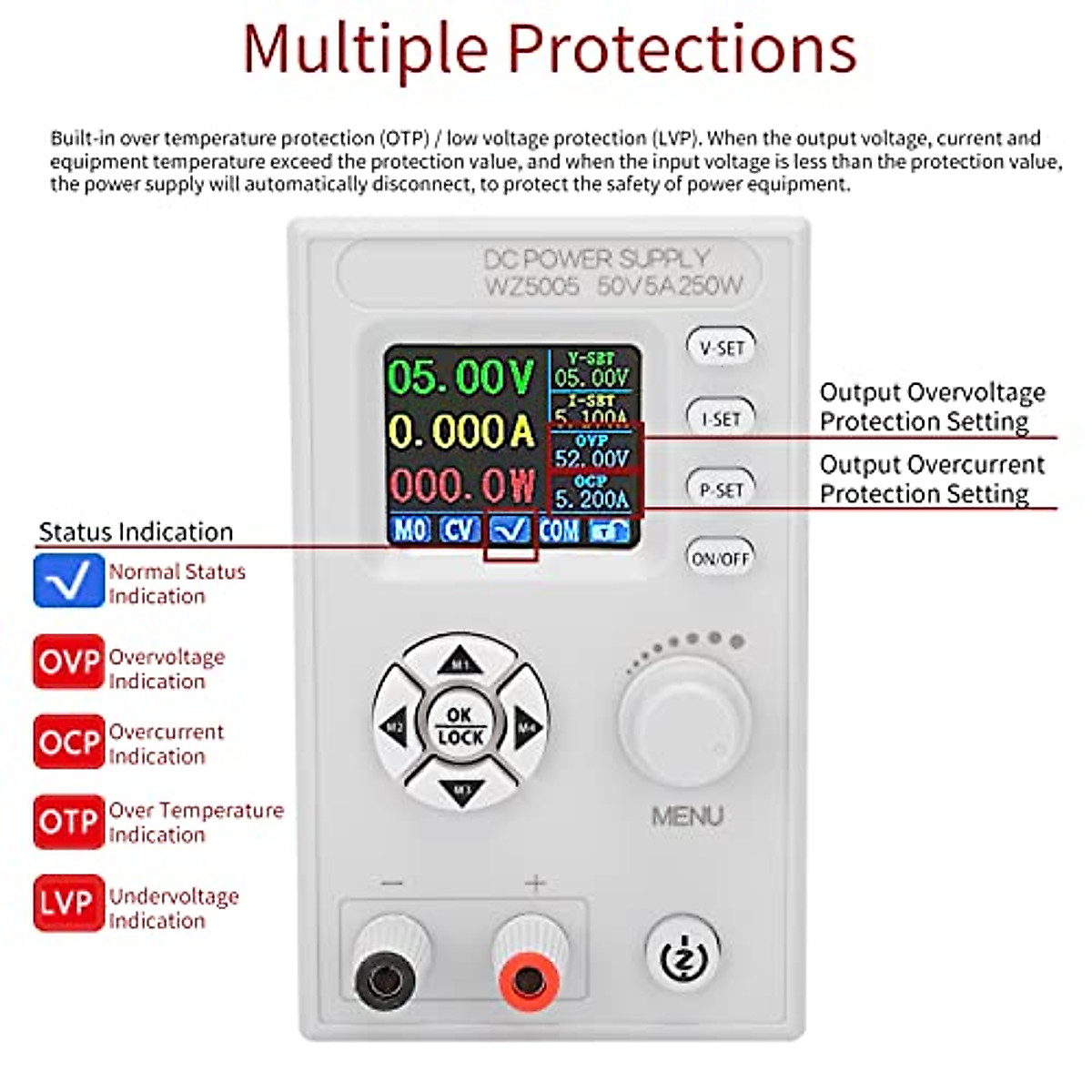 DC Power Supply Variable, 0-50V 0-5A Adjustable Switching Regulated Power Supply with 4 Digits LCD Display, Bench Power Supply with Multi Protections, Remote Control