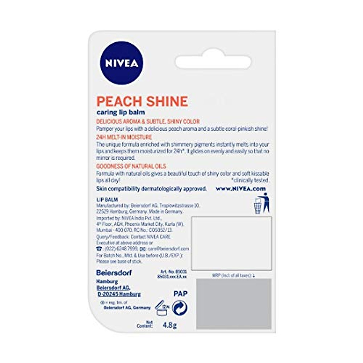 Nivea Lip Balm - Fruity Shine PEACH -Pack of 1