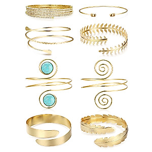 SAILIMUE 8 Pcs Arm Cuff Upper Arm Band Cuff Bracelets for Women Minimalist Simple Coil Bangle Gold Silver Adjustable Open Armlet Armband Costume Jewelry Set