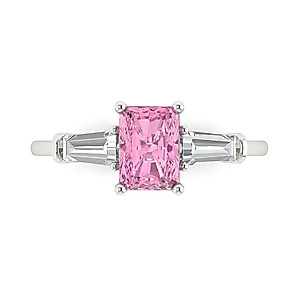 2.0 ct Emerald cut 3 stone Solitaire Pink Simulated Diamond Designer Anniversary Bridal Engagement Ring 14k White Gold 6